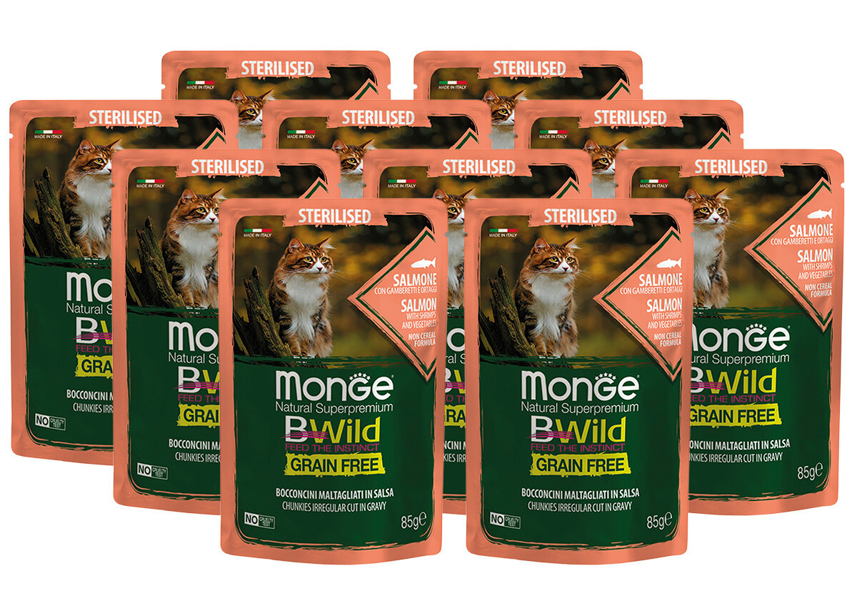Корм влажный Monge Bwild Grain Free Cat Sterilised беззерновые для взрослых кастрированных котов и стерилизованных кошек с лососем, креветками и овощами в соусе пауч, 85 г 10 шт