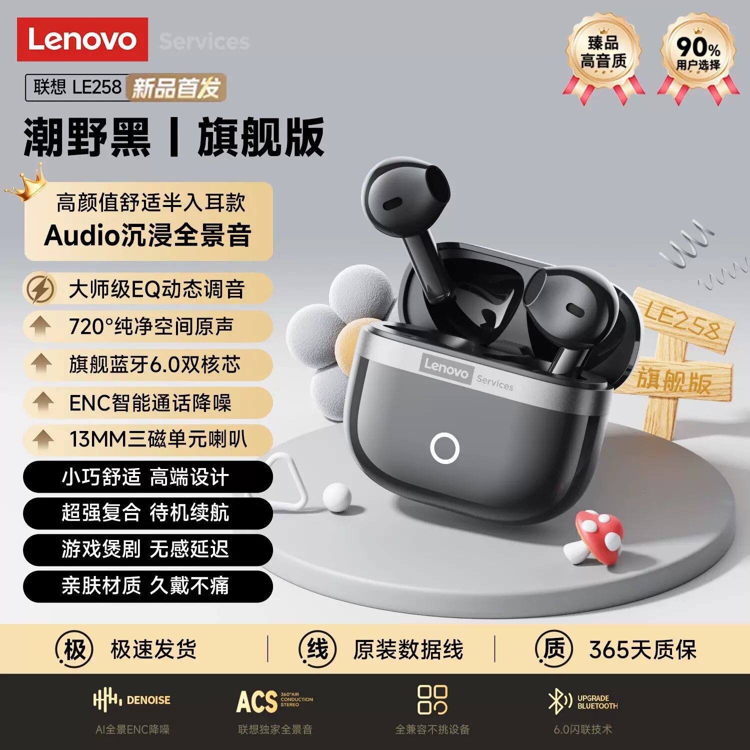 Беспроводные наушники Lenovo черного цвета с шумоподавлением, игровым режимом и длительным сроком службы батареи