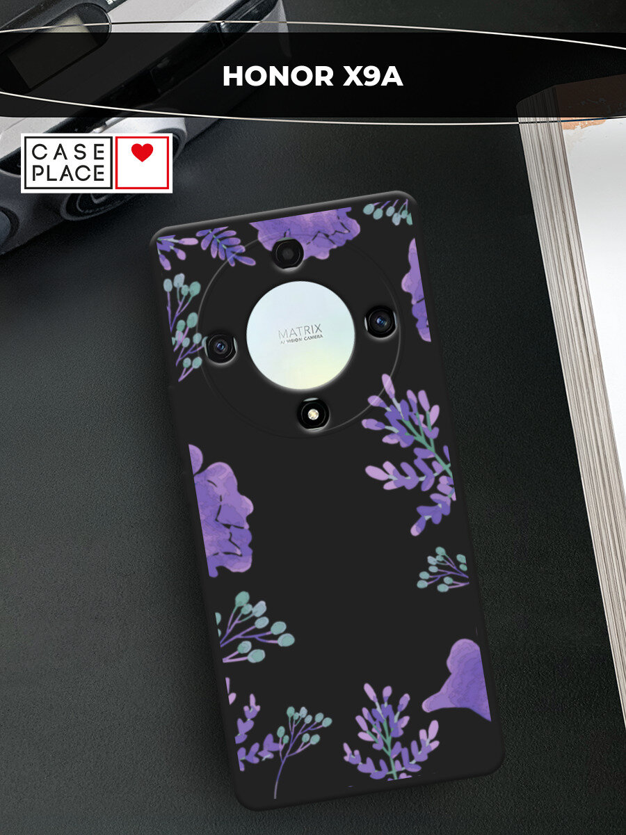 Черный матовый чехол на Honor X9A / Хонор Х9А с принтом Сиреневая цветочная рамка