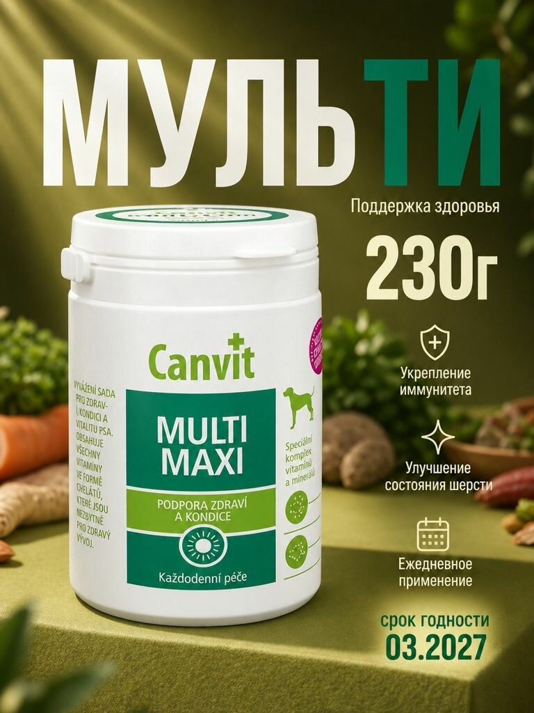 Canvit Мульти Макси для собак, 230 г комплекс витаминов и минералов для поддержки здоровья и иммунитета