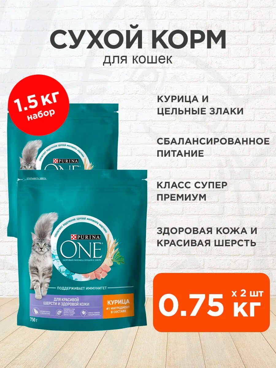 Корм сухой Purina One Elegant для взрослых кошек с чувствительной кожей и шерстью, курица и злаки, 750 г х 2 шт