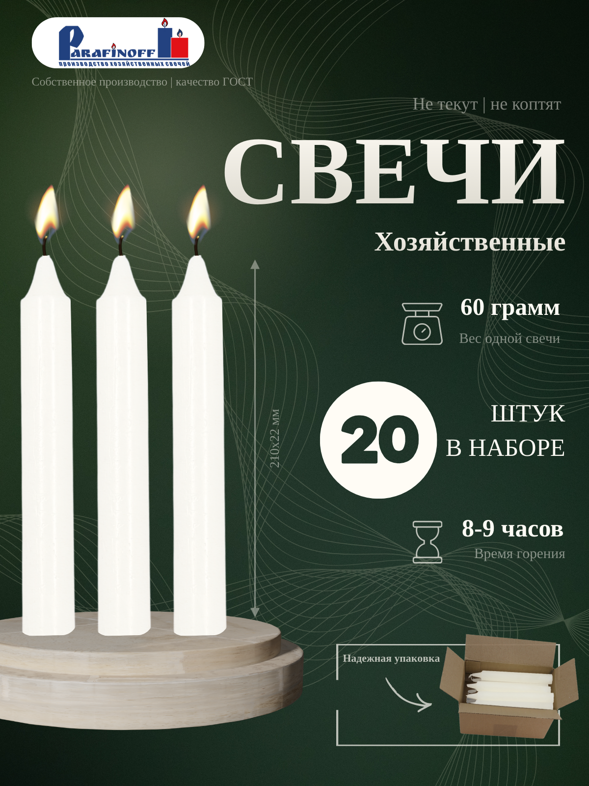 Свечи столовые, белые, столбик/ Свечи парафиновые 20шт 60гр.