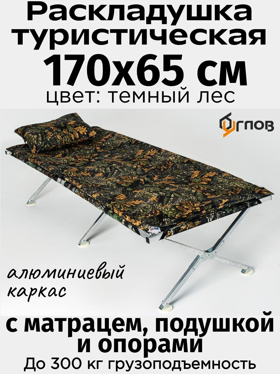 Раскладушка "6 углов" 170/65 см с подушкой, матрацем, опорами, туристическая, цвет дубок