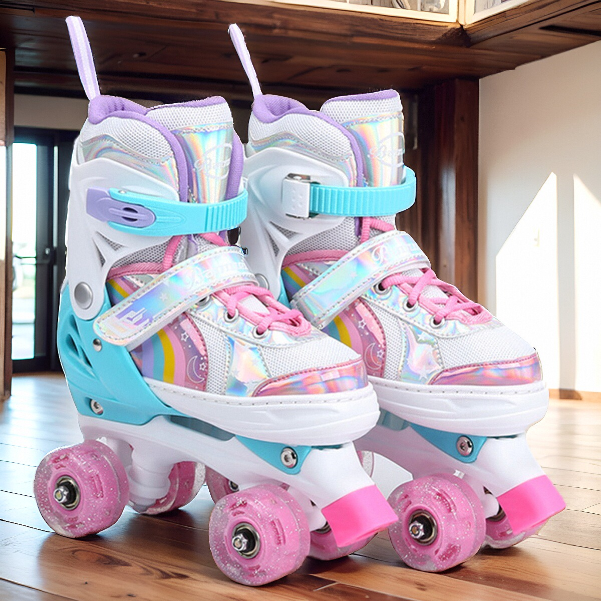 Детские роликовые коньки радужно-розовые размер XS 23-26 см с сумкой для малышей возраст 2 года