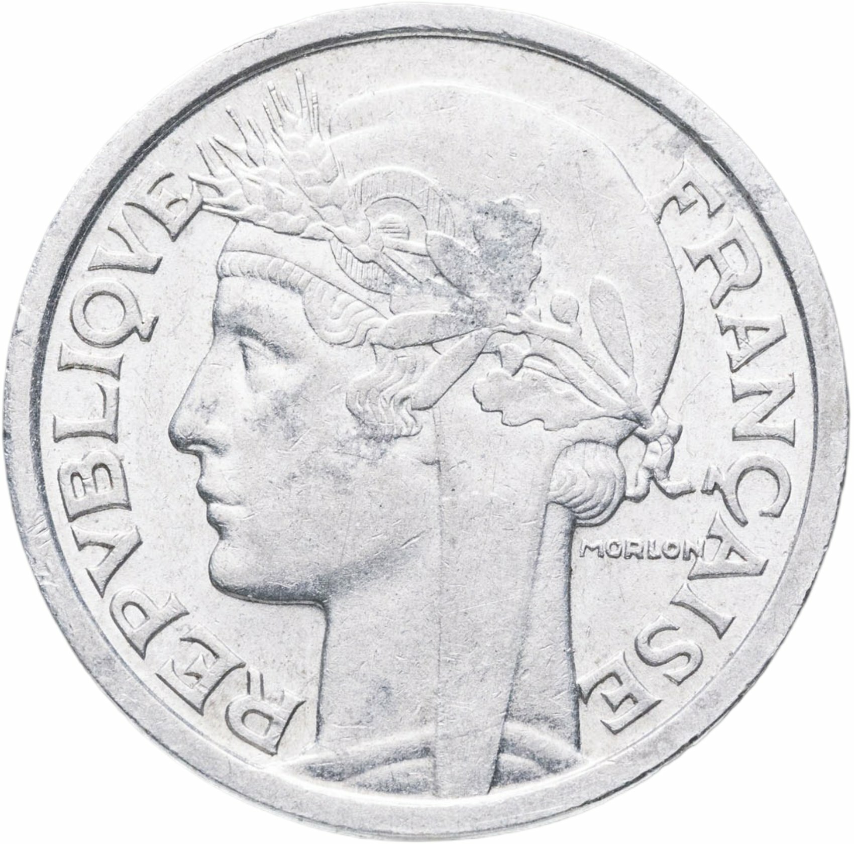 Франция 2 франка francs 1947 B знак монетного двора: "B" -" Бомон-ле-Роже", Алюминий, в сохранности AU