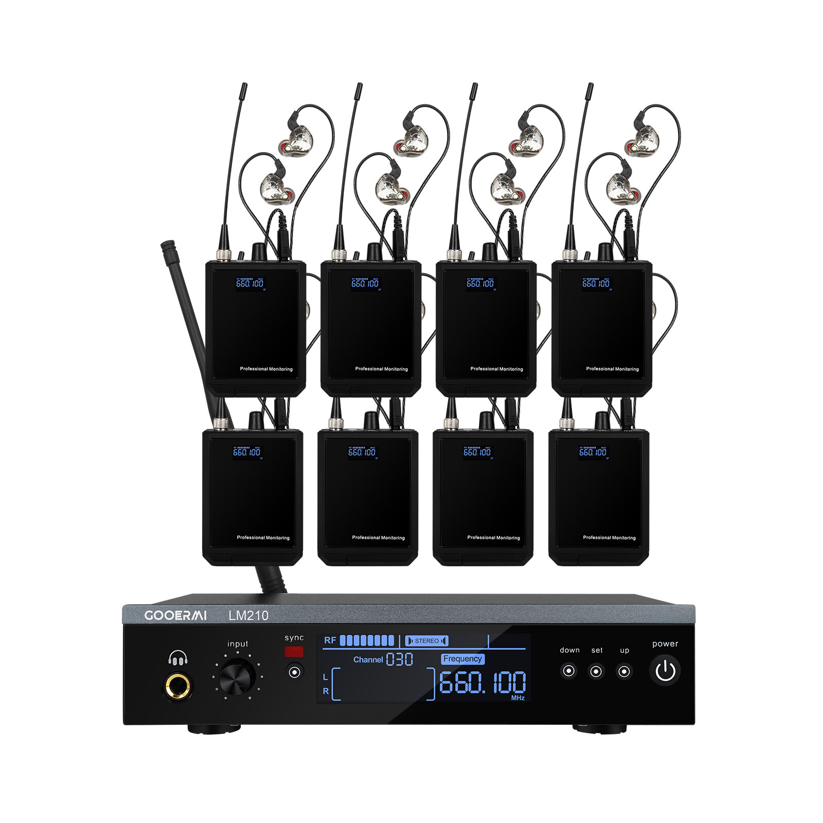 LM210 Беспроводная стерео система ушного мониторинга UHF, 8 приёмников для концертов и выступлений