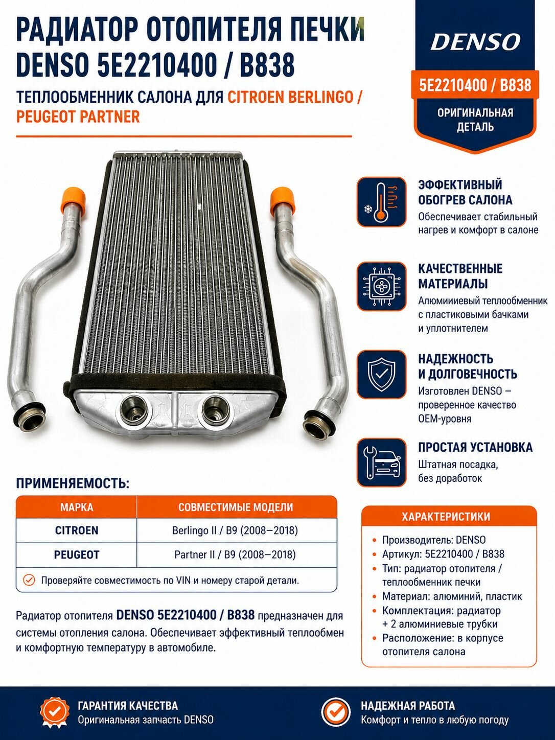 Радиатор отопителя печки DENSO 5E2210400 B838 для Citroen Berlingo, Peugeot Partner
