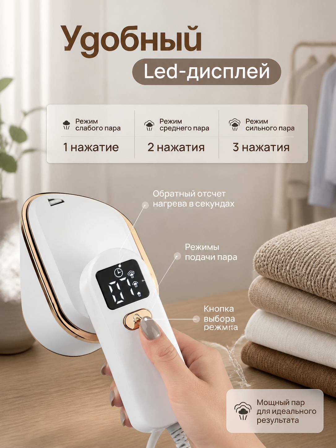 Отпариватель для одежды, "Ручной" вертикальный, паровой мини утюг, дорожный парогенератор, белый — фото 1