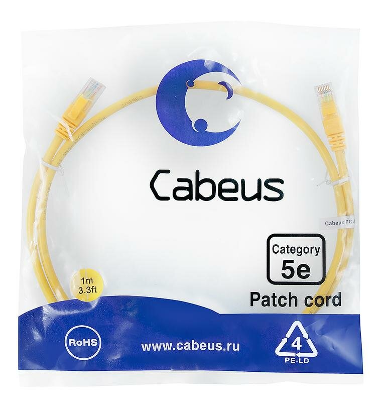 Патч-корд U/UTP кат.5E PC-UTP-RJ45-Cat.5e-1m-YL 2xRJ45/8p8c неэкранир. PVC 1м желт. Cabeus 7673c