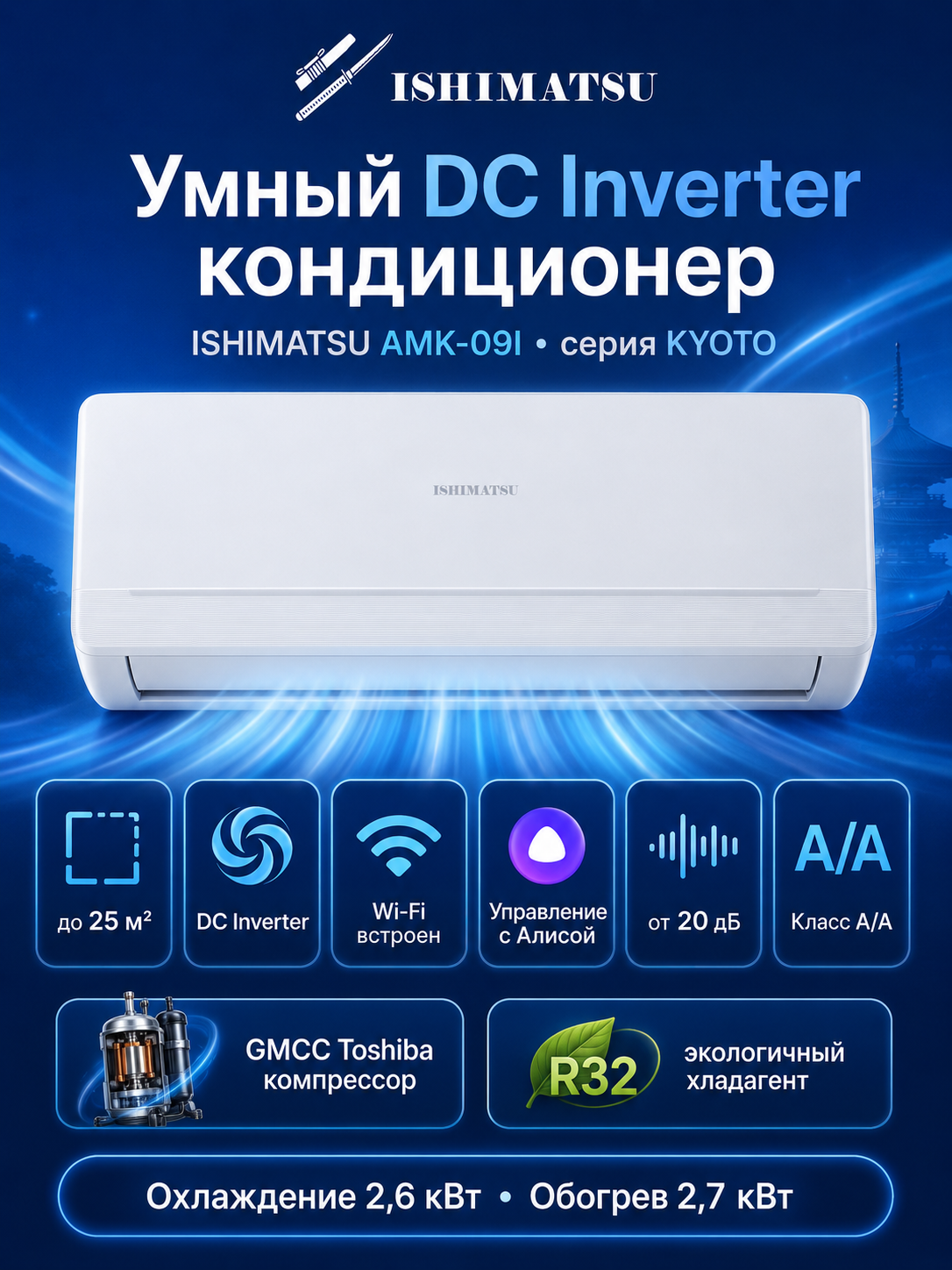 Кондиционер сплит-система инверторная Ishimatsu AMK-09I KYOTO, Wi-Fi, Яндекс Алиса, охлаждение и обогрев