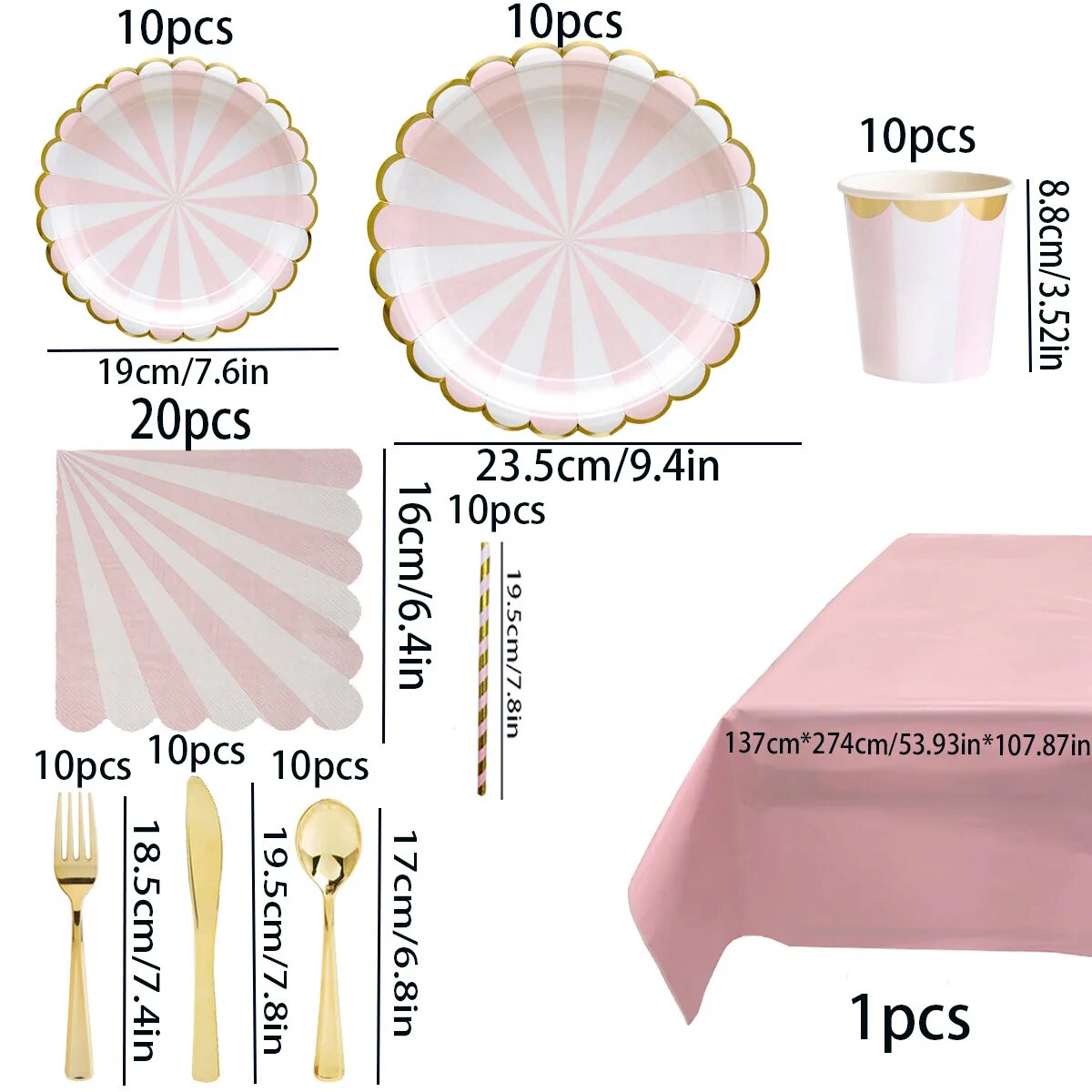 Одноразовая посуда с золотыми полосками для вечеринок Розовый, Paper towels 20pcs, Pink tableware