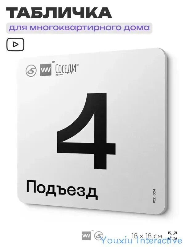 Табличка с номером подъезда 4, для многоквартирного жилого дома, серия соседи, 18х18 см, пластиковая, Айдентика Технолоджи