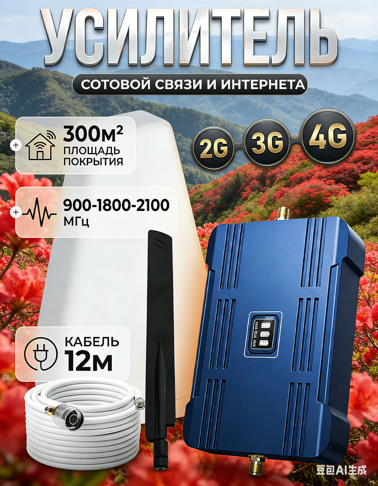 Усилитель сотовой связи 900/1800/2100 МГц (2G/3G/4G): до 70 км, направленный, синий, 1.3 кг