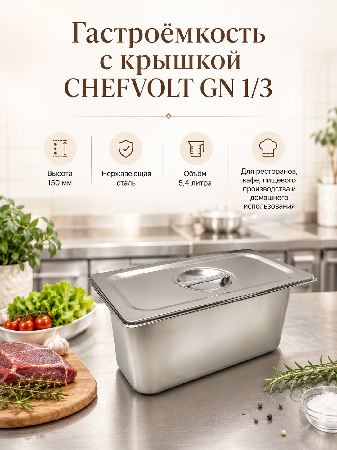 Гастроемкость GN 1/3-150 мм с крышкой, нерж. сталь CHEFVOLT