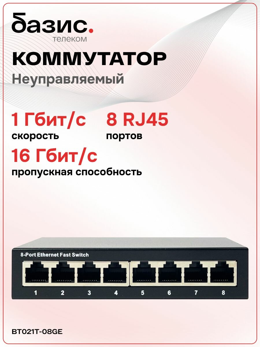 Коммутатор (свитч) 8 портов 10/100/1000 Мбит/с RJ-45