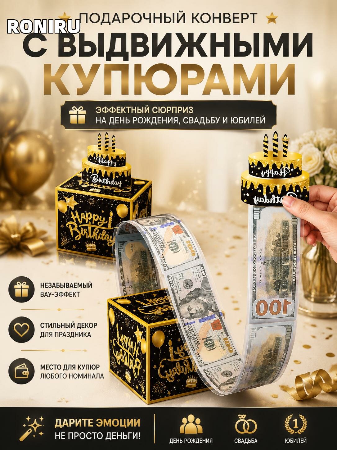 Подарочный конверт с выдвижными купюрами — эффектный сюрприз для дня рождения, свадьбы и юбилея, стильный декор
