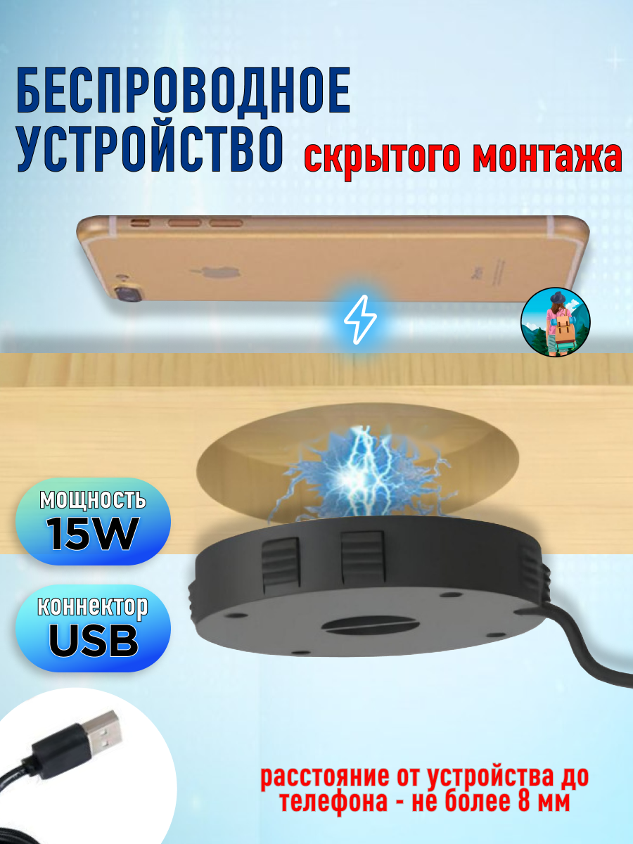 Беспроводное зарядное устройство 15W QC3.0 скрытого монтажа, зарядка встраиваемая мебельная, врезная, чёрная