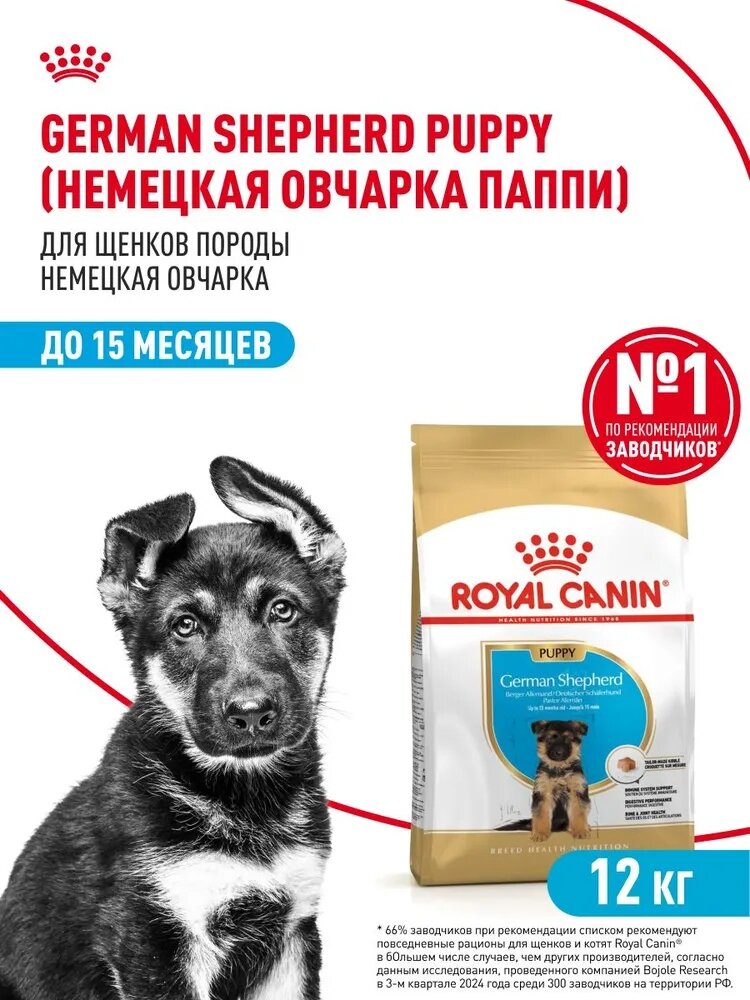 Сухой корм Royal Canin German Shepherd Puppy для щенков породы Немецкая овчарка до 15 месяцев,12кг