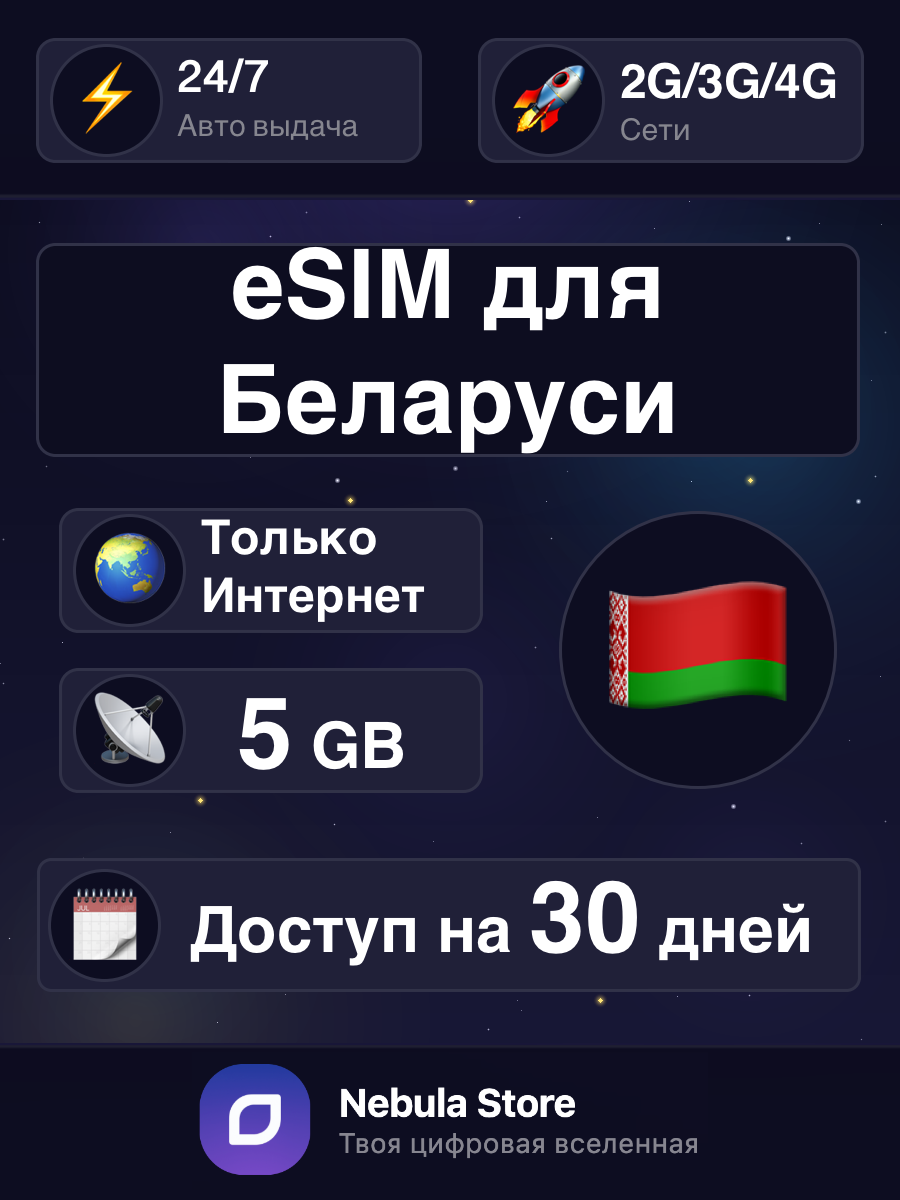 ESIM Беларусь | Интернет | 5 ГБ на 30 дней | 4G | Для телефона и планшета - автовыдача 24/7
