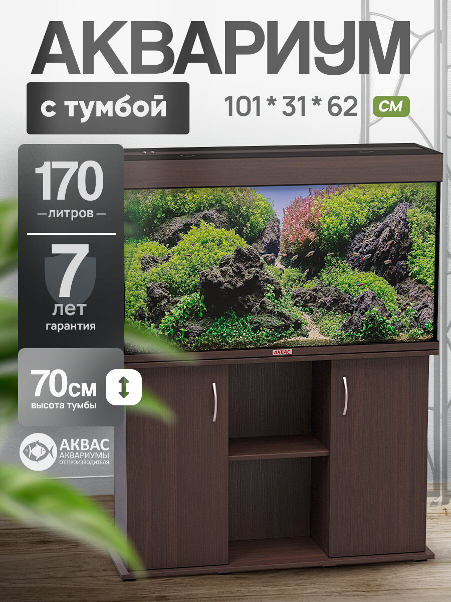 Аквариум 170 литров с тумбой крышкой и освещением (101х31х62 см) Аквас
