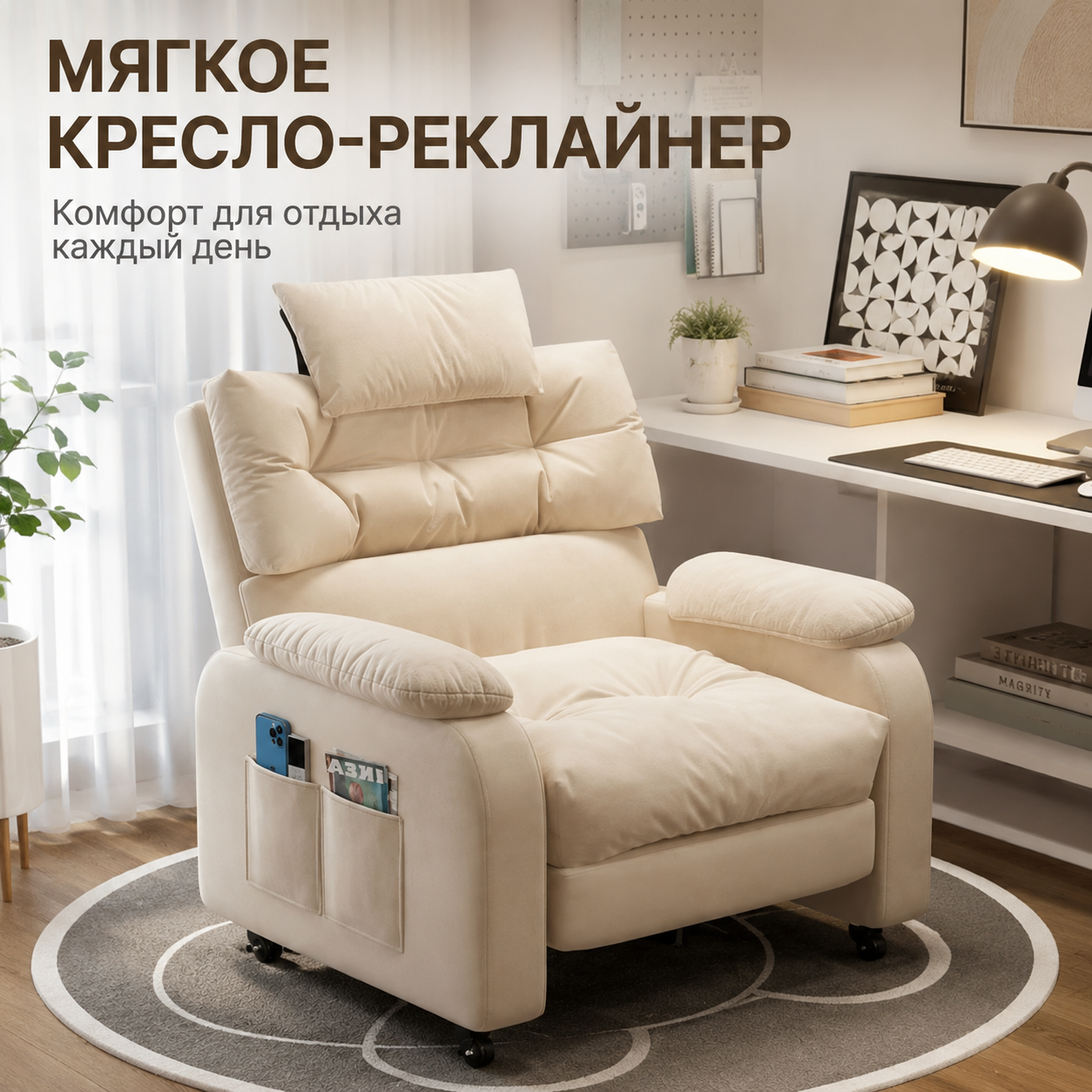 Кресло-кровать, с регулировкой, с подлокотниками, на колёсах, для дома и офиса