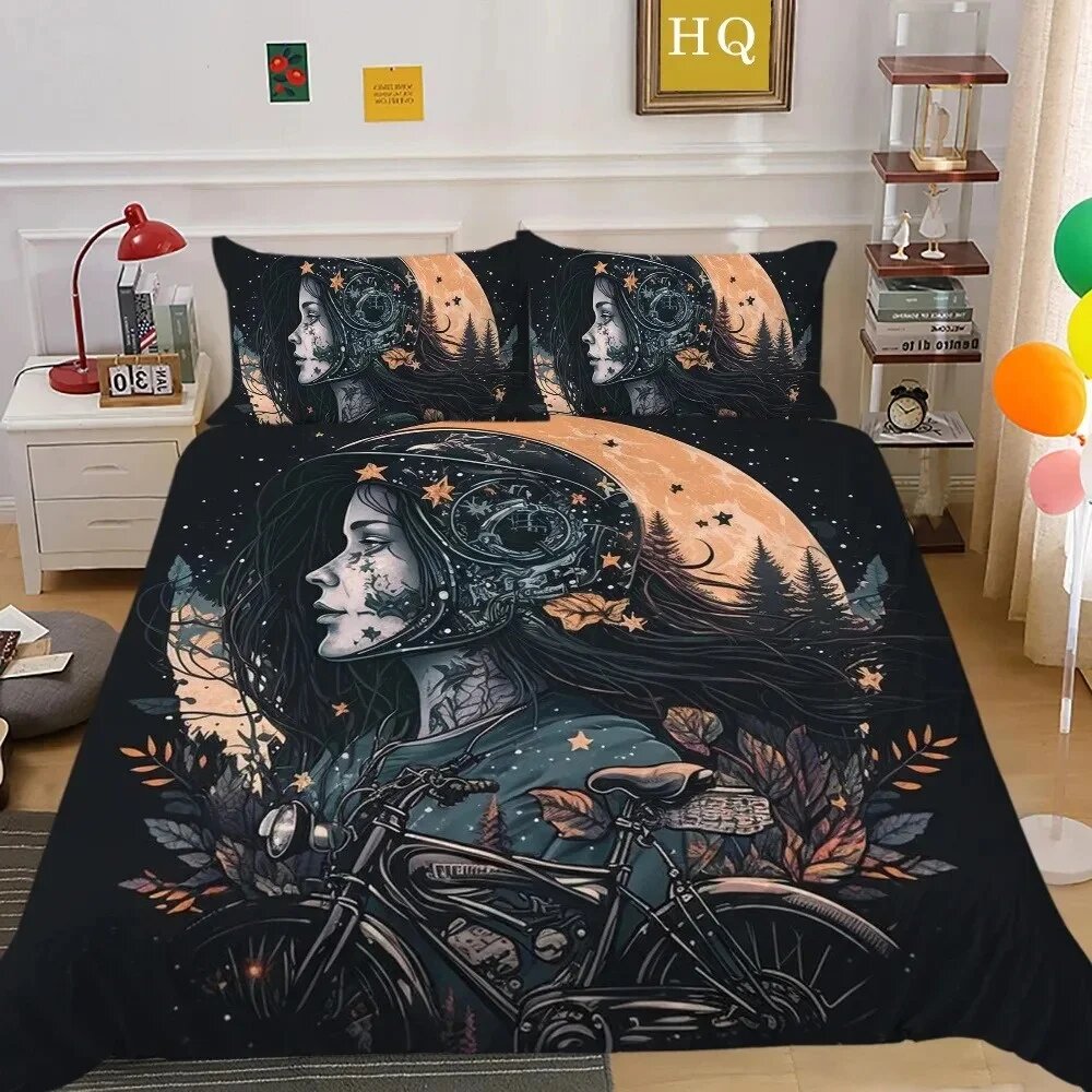 Комплект постельного белья мотоцикл и девушка 150x200cm, 3pcs, черный