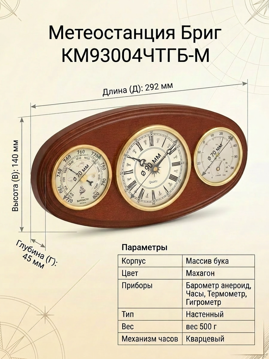 Метеостанция механическая Бриг КМ93004-ЧБ(ТГ)-М . Натуральное дерево , настенная, махагон. Барометр, термогигрометр, часы.