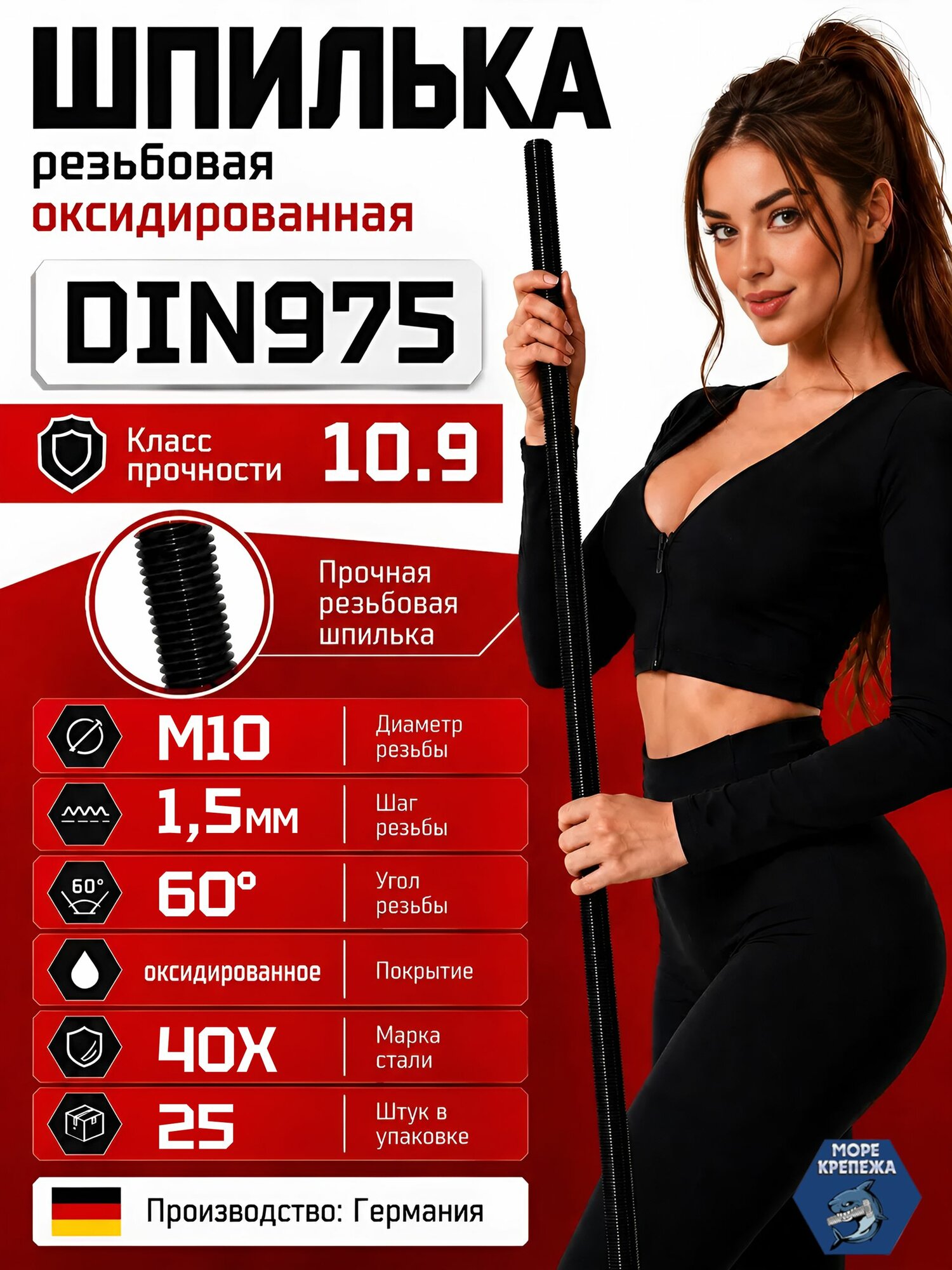 Шпилька высокопрочная резьбовая М10х1000 DIN975 класс прочности 10.9, 25 шт