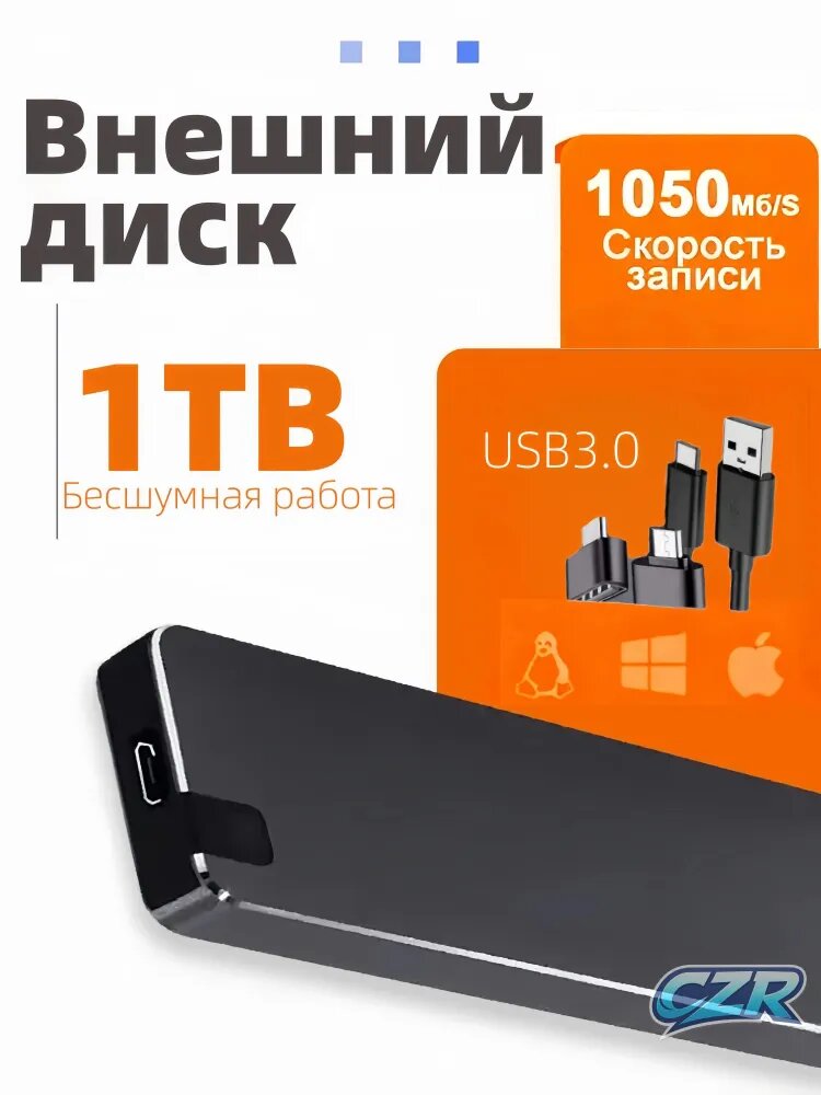 1 ТБ Внешний SSD-диск, USB 3.0, USB 3.1, чтение - 1050 Мб/с, запись - 1050 Мб/с, Металл, черный матовый