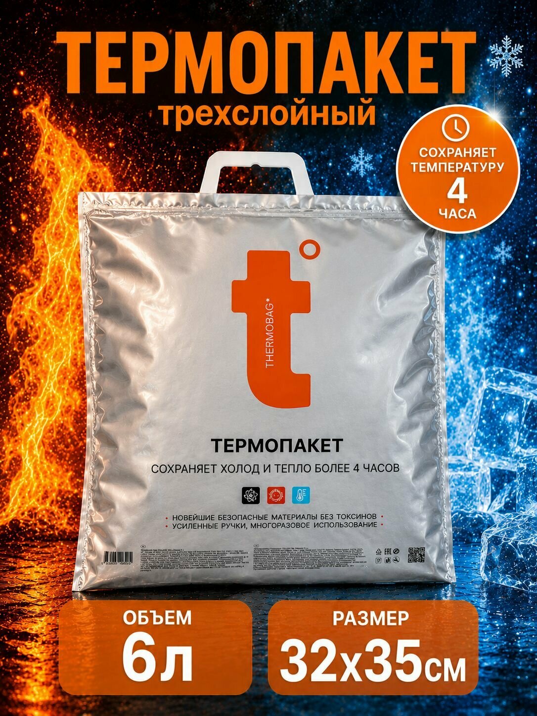 Термопакет для заморозки, для горячей еды, трёхслойный, премиум, многоразовый, 32 х 35 см