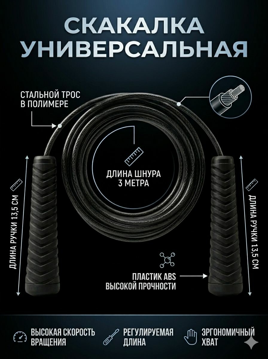 Скакалка универсальная 3м со стальным шнуром в полимерной оболочке, черная