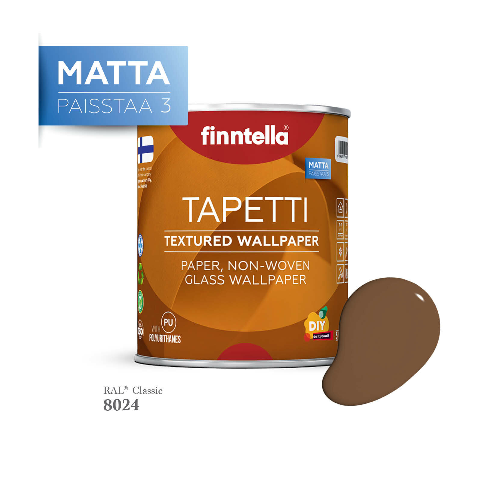 Матовая краска для обоев под окраску TAPETTI Matta FINNTELLA, Цвет RAL 8024 Бежево-коричневый (Beige brown), 0,9л