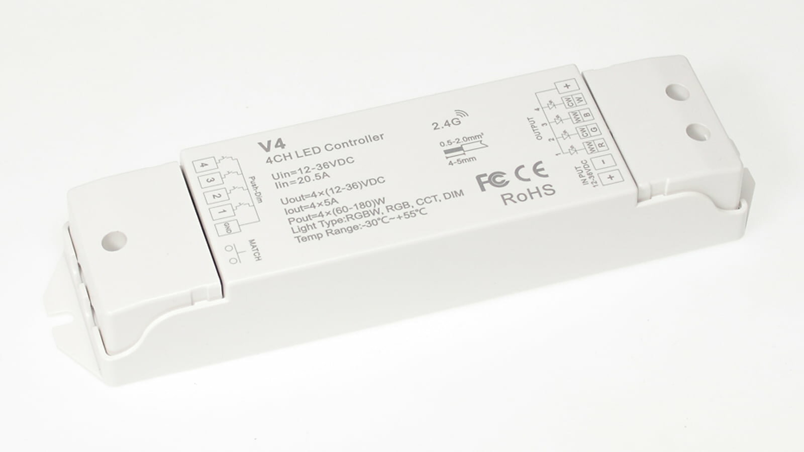 Контроллер светодиодных лент V4 IC52 RGBW/RGB/CCT/DIM (12-36V, 4ch x 5A, 240/480/720W), 1шт