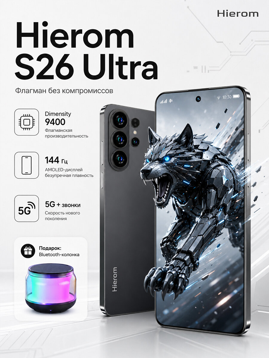 Смартфон Hancdon S26 16 ГБ + 1024 ГБ с HD-экраном и разблокировкой по отпечатку пальца. черный