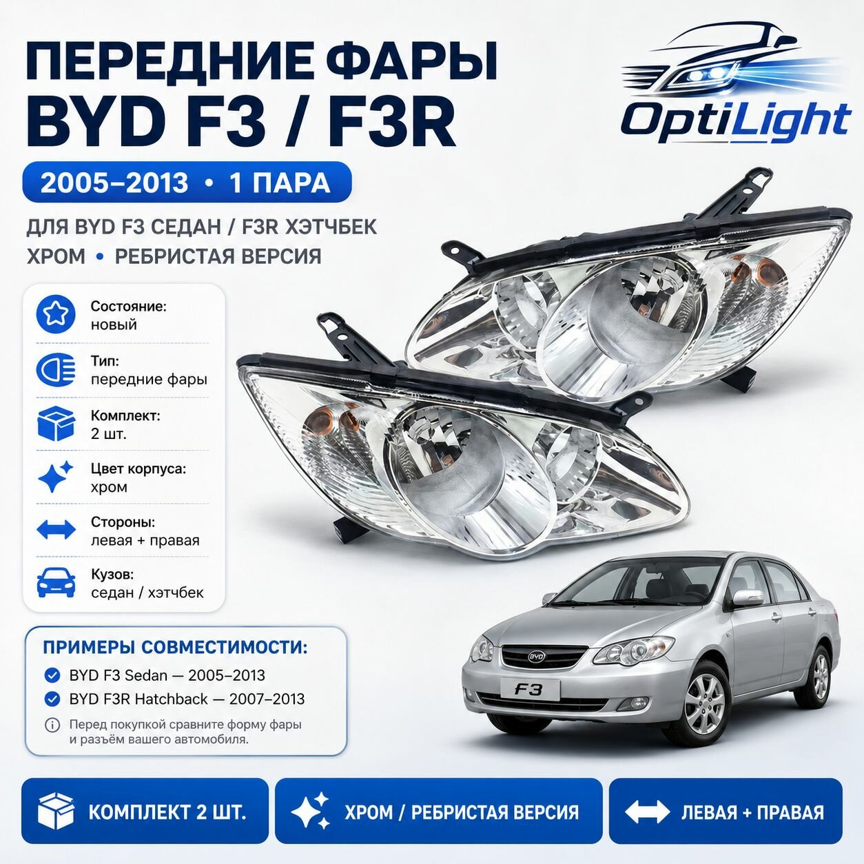 OptiLight Фара автомобильная, 2 шт, арт. BYD F3 2005-2013 с лампой (левая + правая) Remihirow