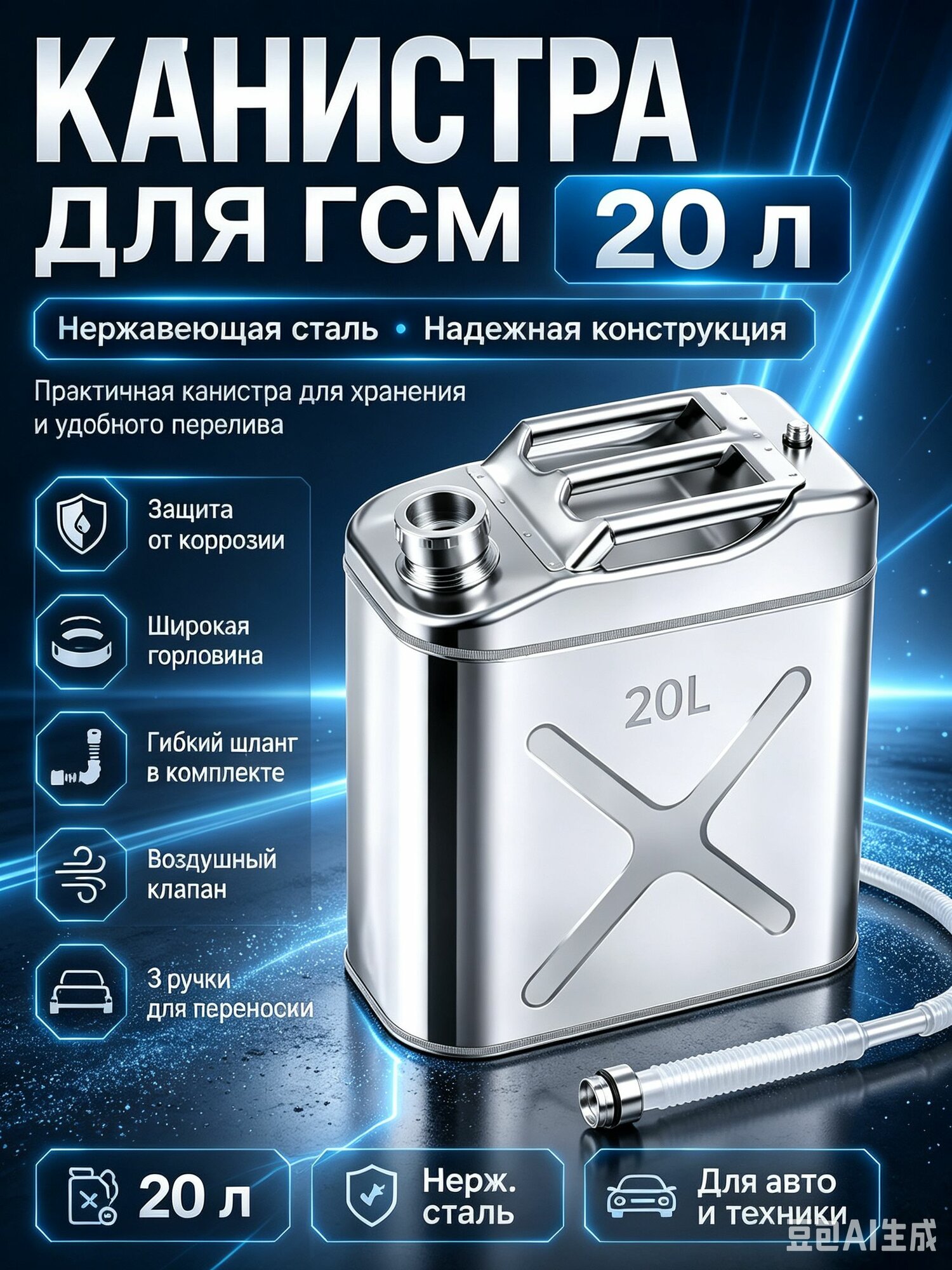 Канистра, для бензина и масла, нержавеющая сталь, 20 литров, с шлангом