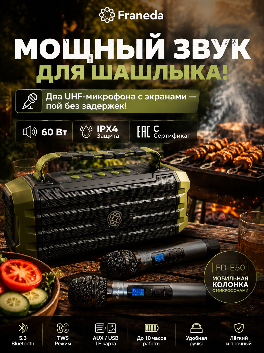 Портативная караоке-колонка FD-E50, до 60 Вт, 2 беспроводных микрофона, аккумулятор 4000 мА·ч, зеленая
