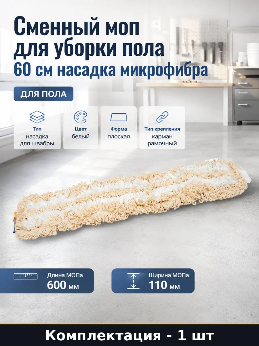 Сменный моп для уборки пола 60 см насадка микрофибра, плоский 60x11 см, хлопок, белый цвет, для рамочного держателя