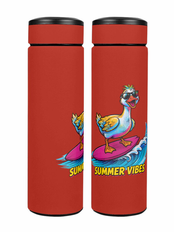 Термос «Гусь серфер SUMMER VIBES на малиновом серфборде пр» (красный)