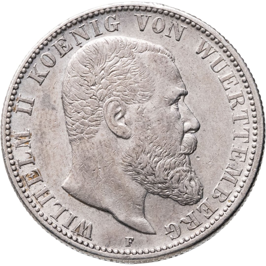 Германская империя, Вюртемберг 2 марки 1906 F, Серебро 900, в сохранности XF-AU