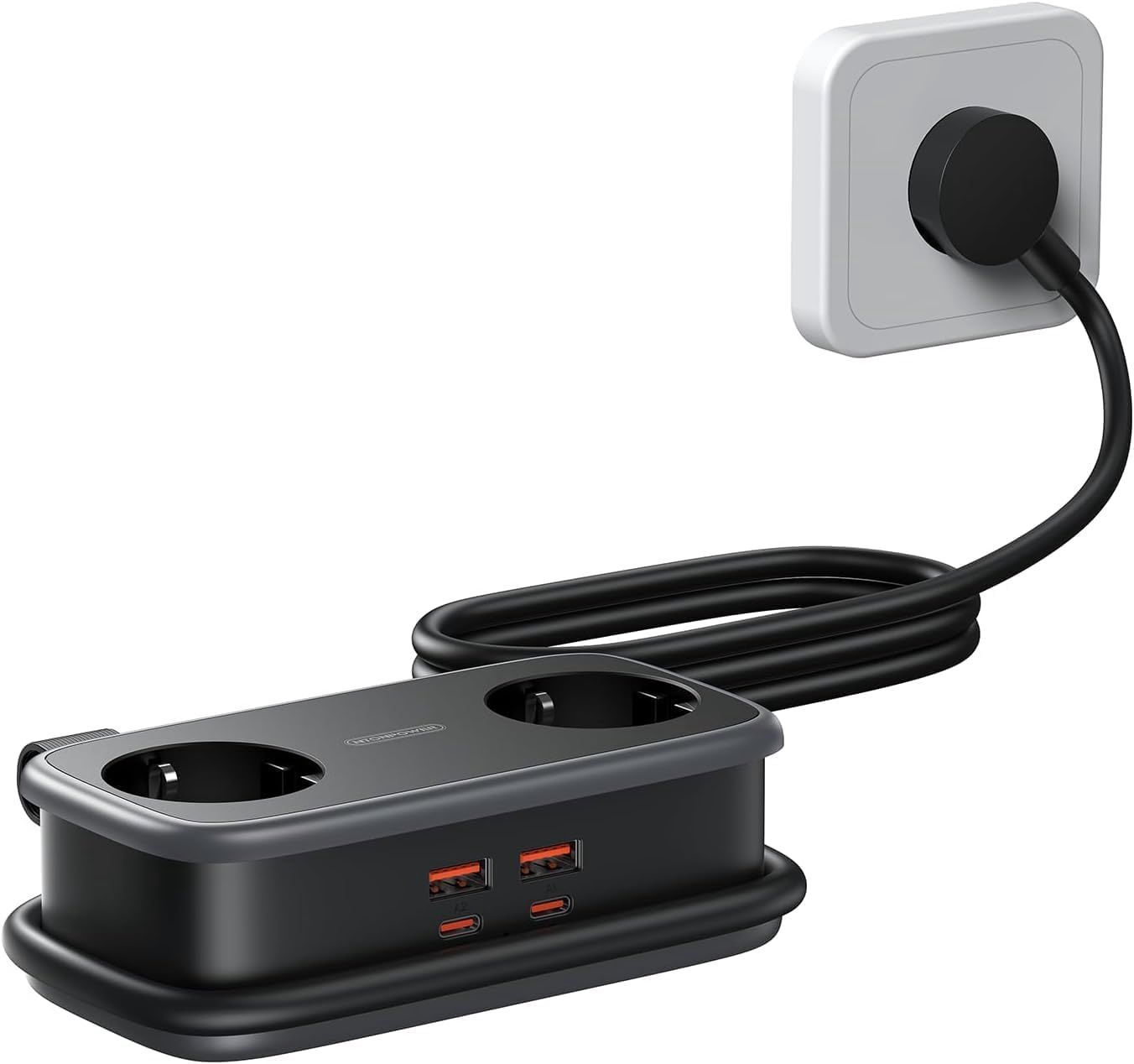 Сетевой фильтр NTONPOWER APP удлинитель евро-розетка с 2 USB-A 2 USB-C, 65 Вт PD GaN зарядка 2500 Вт, 1,5 м черныйl