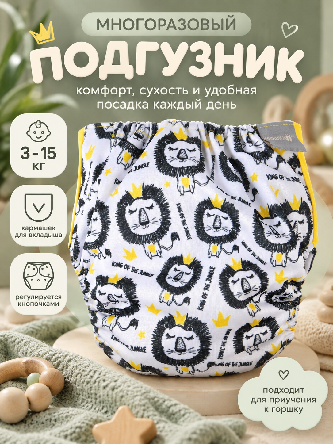Трусики-подгузник Крошка Я, многоразовый, "Лев", 3-15 кг, разноцветный