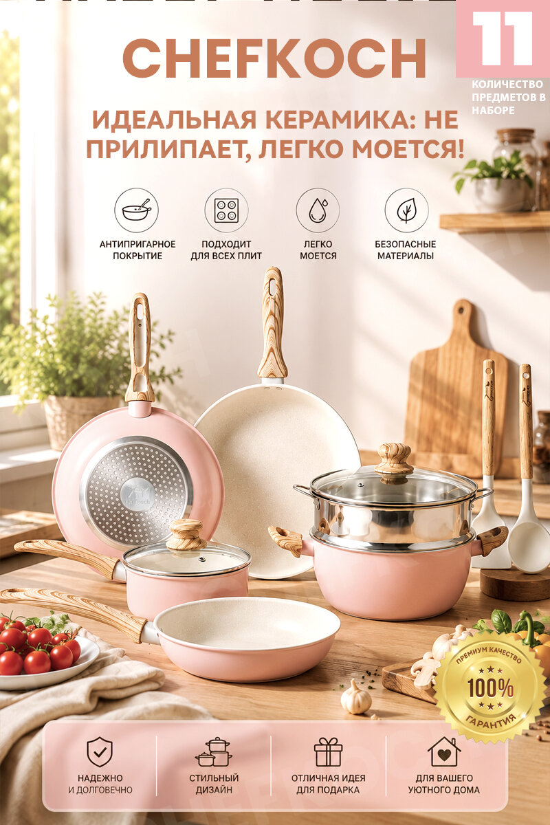 Набор посуды Chefkoch из 10 предметов, розовая керамика, со съемными ручками, подходит для индукционных плит.