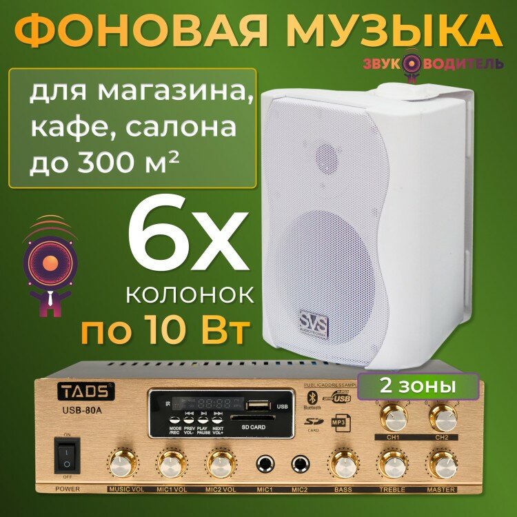 Звуководитель T82W61W-2 (Комплект из 6 колонок по 10 Вт и 2-зонного усилителя мощностью 80 Вт, с интерфейсами MP3 плеер, USB, SD-CARD, BLUETOOTH, fm-тюнер)