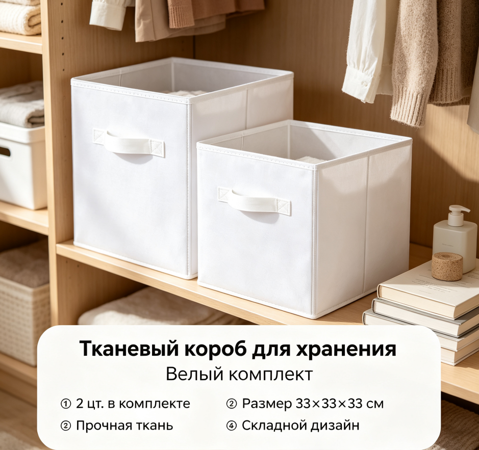 2 штук , Набор из тканевых органайзеров 33×33×33 см, складные корзины‑ящики с ручками для шкафа, хранения одежды