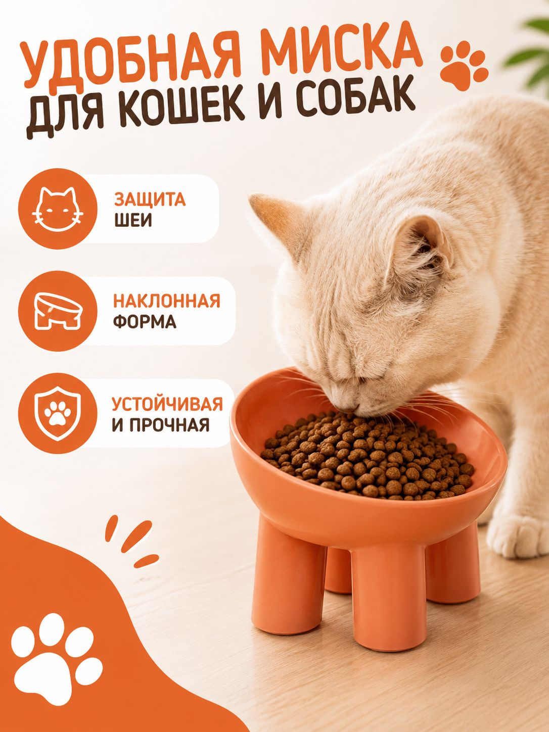 Пластиковая миска для кошек с наклонным краем и защитой от опрокидывания