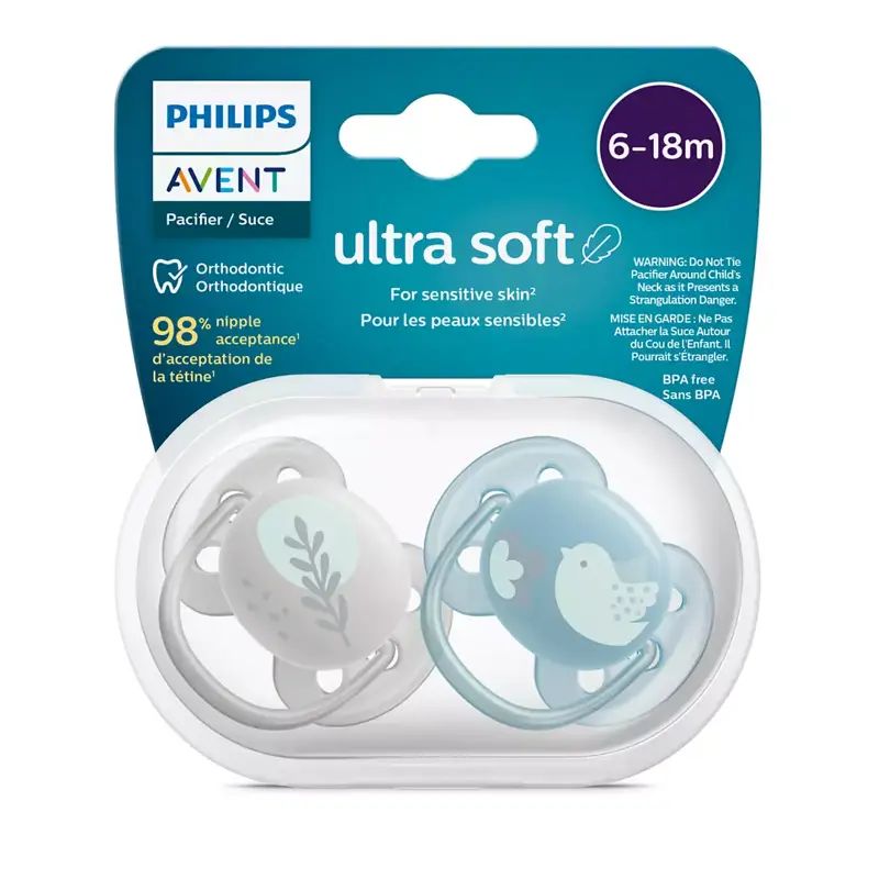 Соска пустышка Philips Avent ultra soft SCF091/15, птичка/листочки, 6-18 мес, 2 шт.