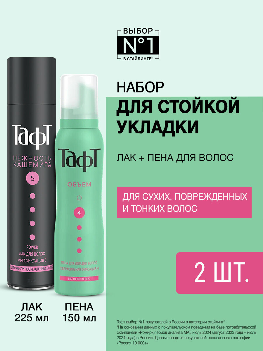 Набор Тафт Лак для укладки волос Power Нежность кашемира, 225 мл + Пенка для укладки тонких волос Объем, 150 мл