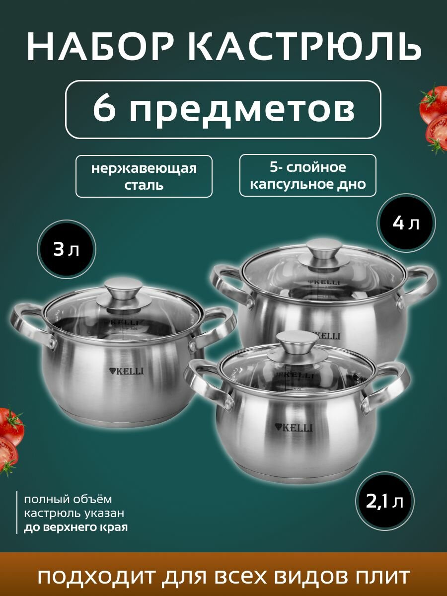 Набор кастрюль из нержавеющей стали с крышкой 2.1 л, 3 л, 4 л KELLI, 6 предметов, подходит для всех видов плит, включая индукционных, многослойное капсульное дно