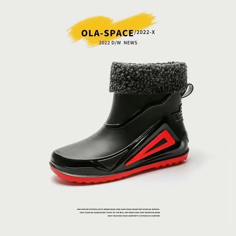 Новые стильные резиновые сапоги, мотоциклетные резиновые сапоги, теплые зимние водонепроницаемые мужские резиновые сапоги, короткие рыболовные тапочки, кухонные резиновые тапочки. Размер обуви. EU:43